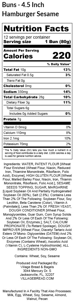 BUN, PLAIN, SESAME, 4.5" SL (12ct) | M.C. Bread Distributor Co.